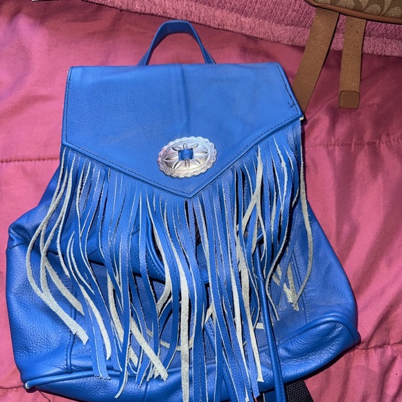 Bags | Royal Blue Fringe Leather Backpack With Top Handle | Poshmark